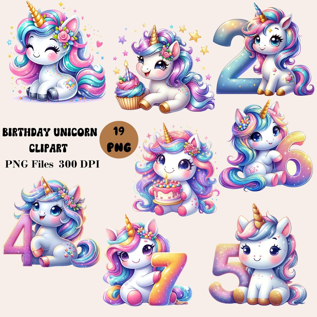 19 Birthday Unicorn Clipart, Cute Baby Unicorn PNG, Birthday Unicorn ...