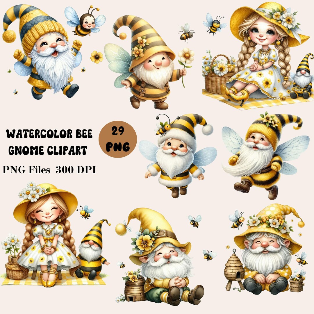 29 Watercolor Bee Gnome Clipart, Bee Gnomes PNG, Gnome Clipart Bundle ...