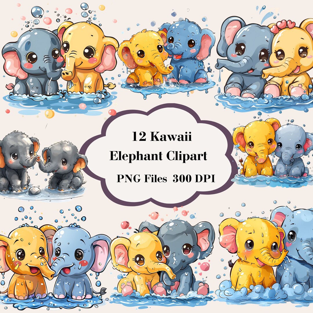 12 Kawaii Elephant Clipart Bundle, Kawaii Mommy and Baby Elephant PNG ...