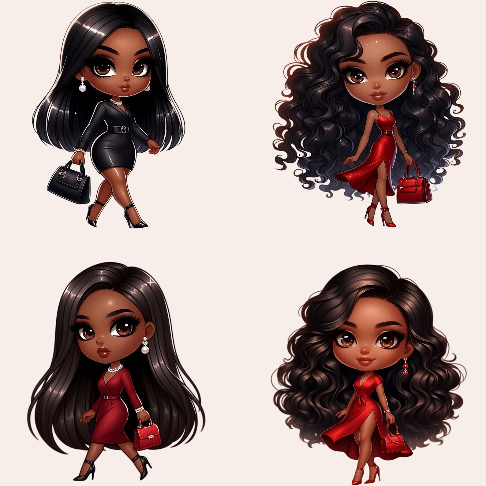 14 Black Chibi Girl Clipart, Stylish Chibi Girl Clipart, Chibi Girl ...