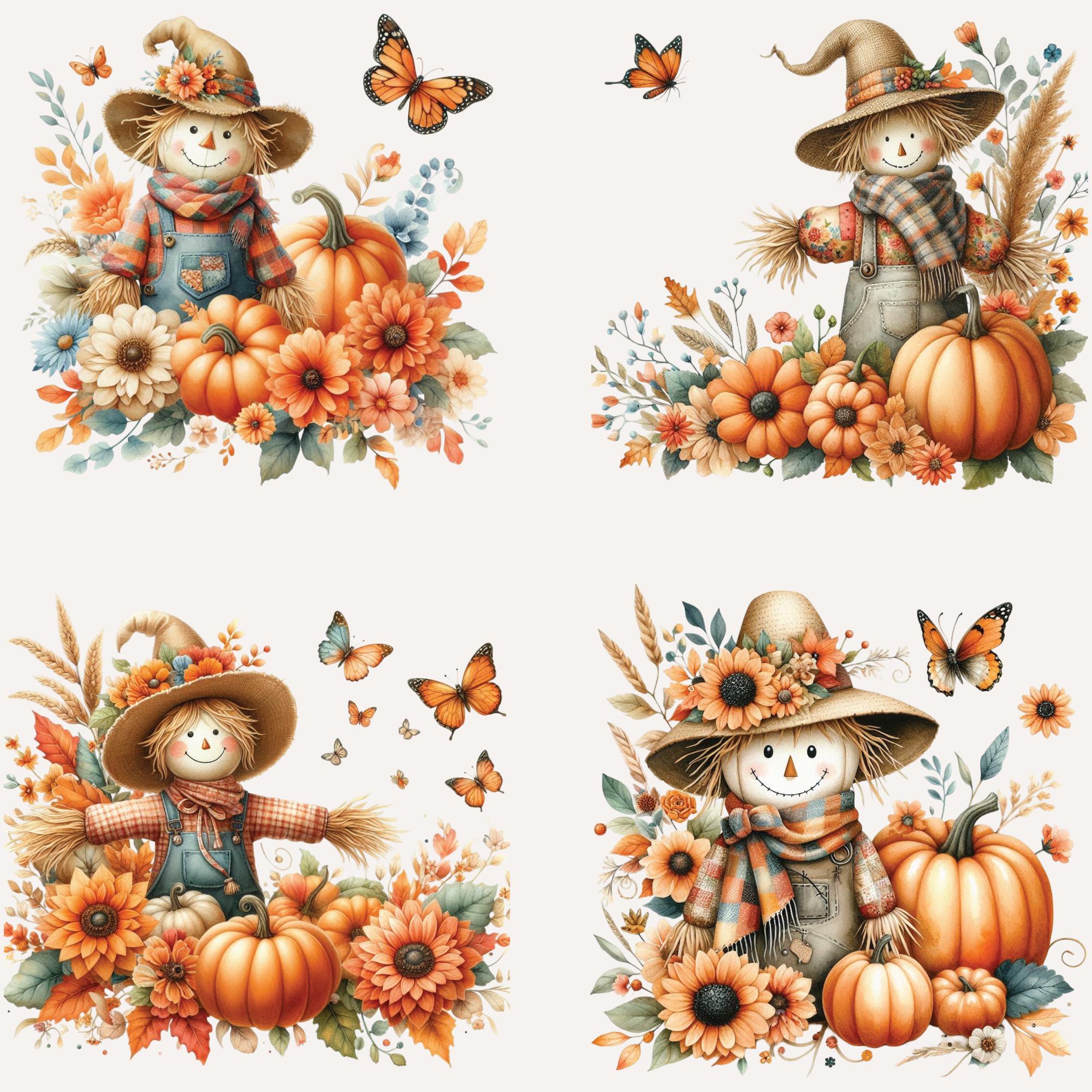 27 Autumn Scarecrow Clipart, Fall Scarecrow PNG Bundle, Charming ...
