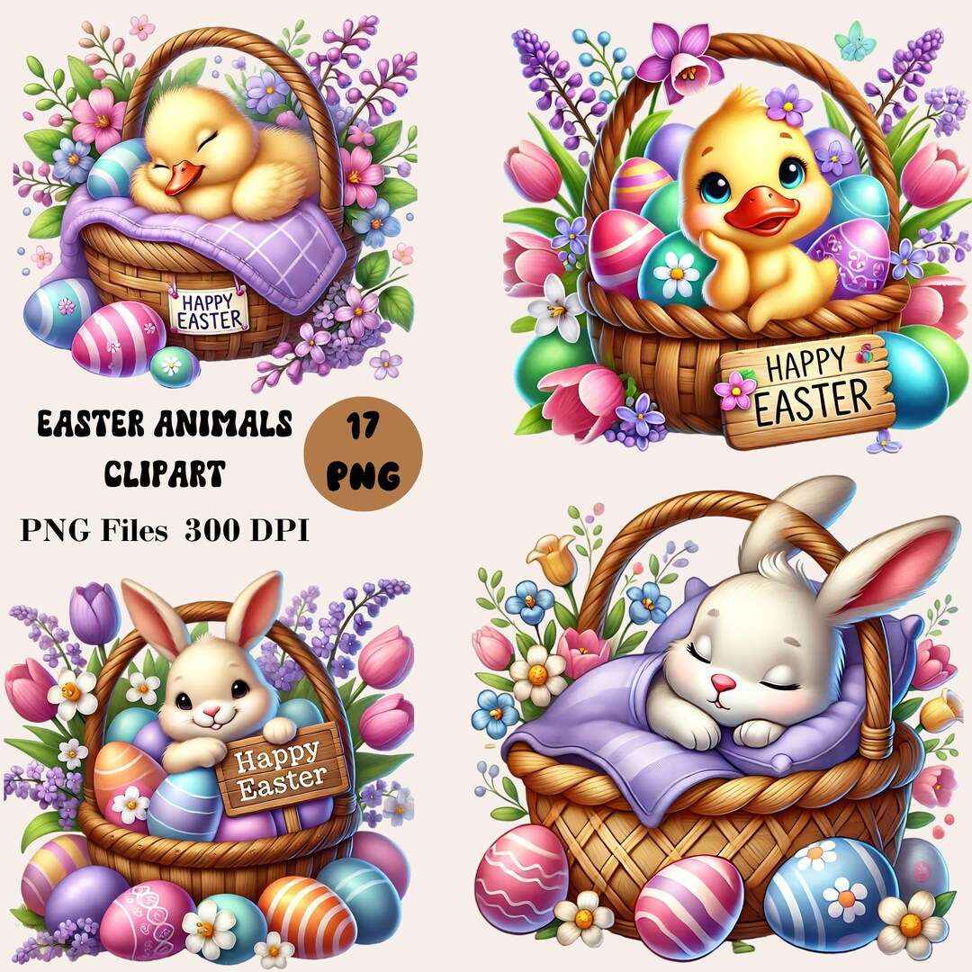 17 Pastel Easter Animals Clipart, Easter Bunny Clipart, Easter Chicks ...