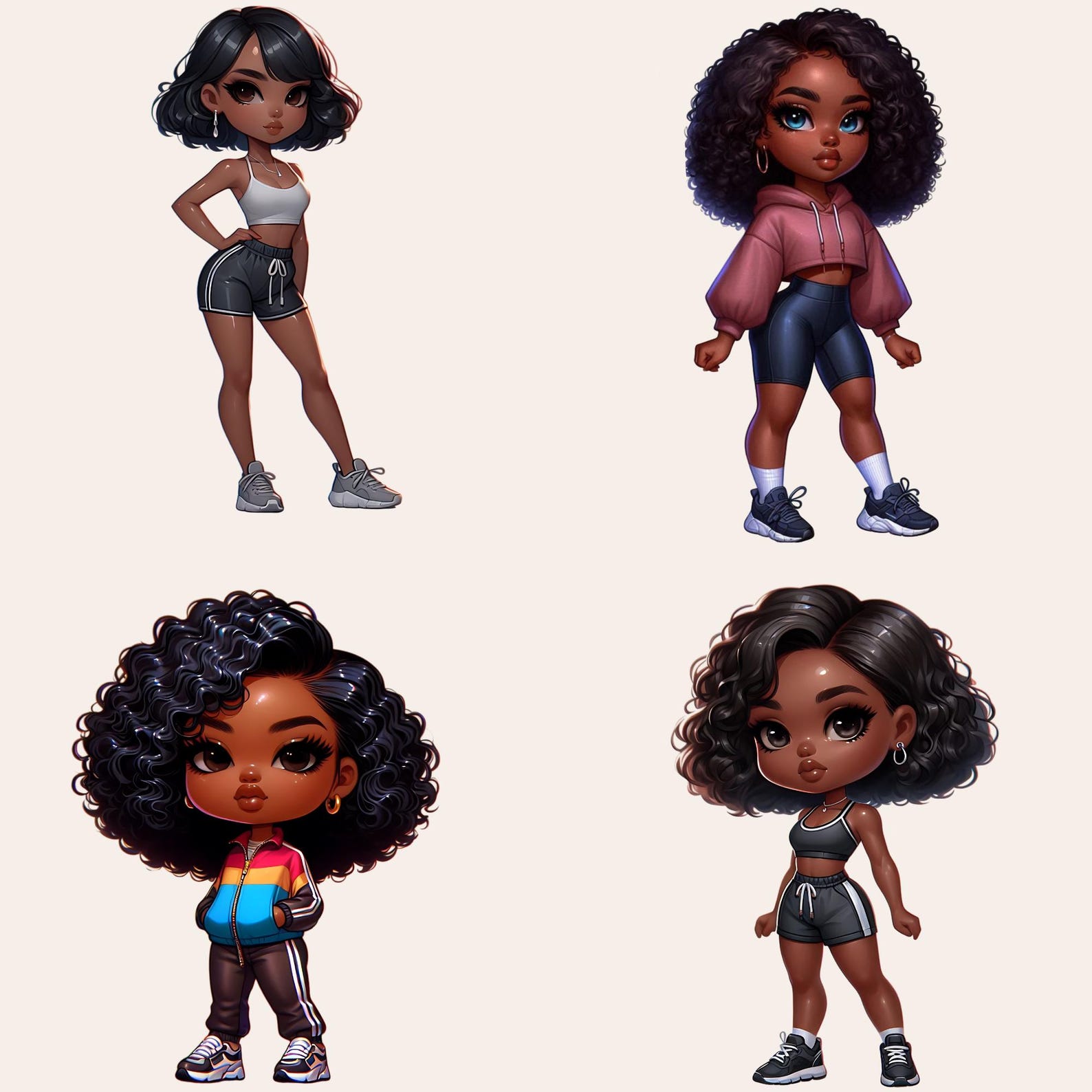 25 Sporty Chibi Girl Clipart, Black Chibi Girl Clipart, Afro American ...