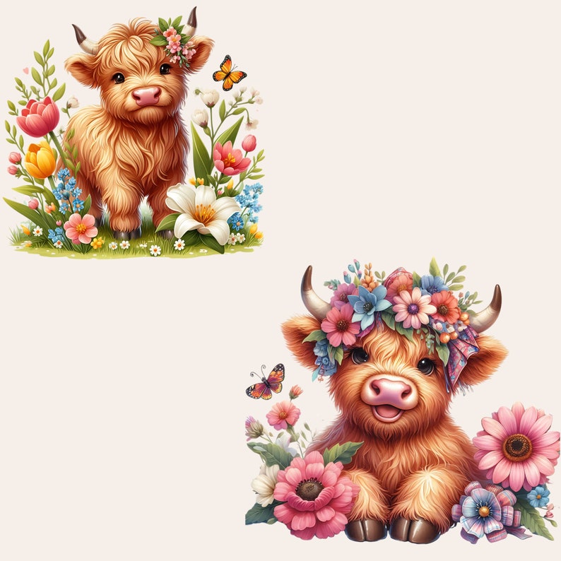 15 Highland Cow Clipart Bundle, Highland Cow With Flowers PNG, Spring ...