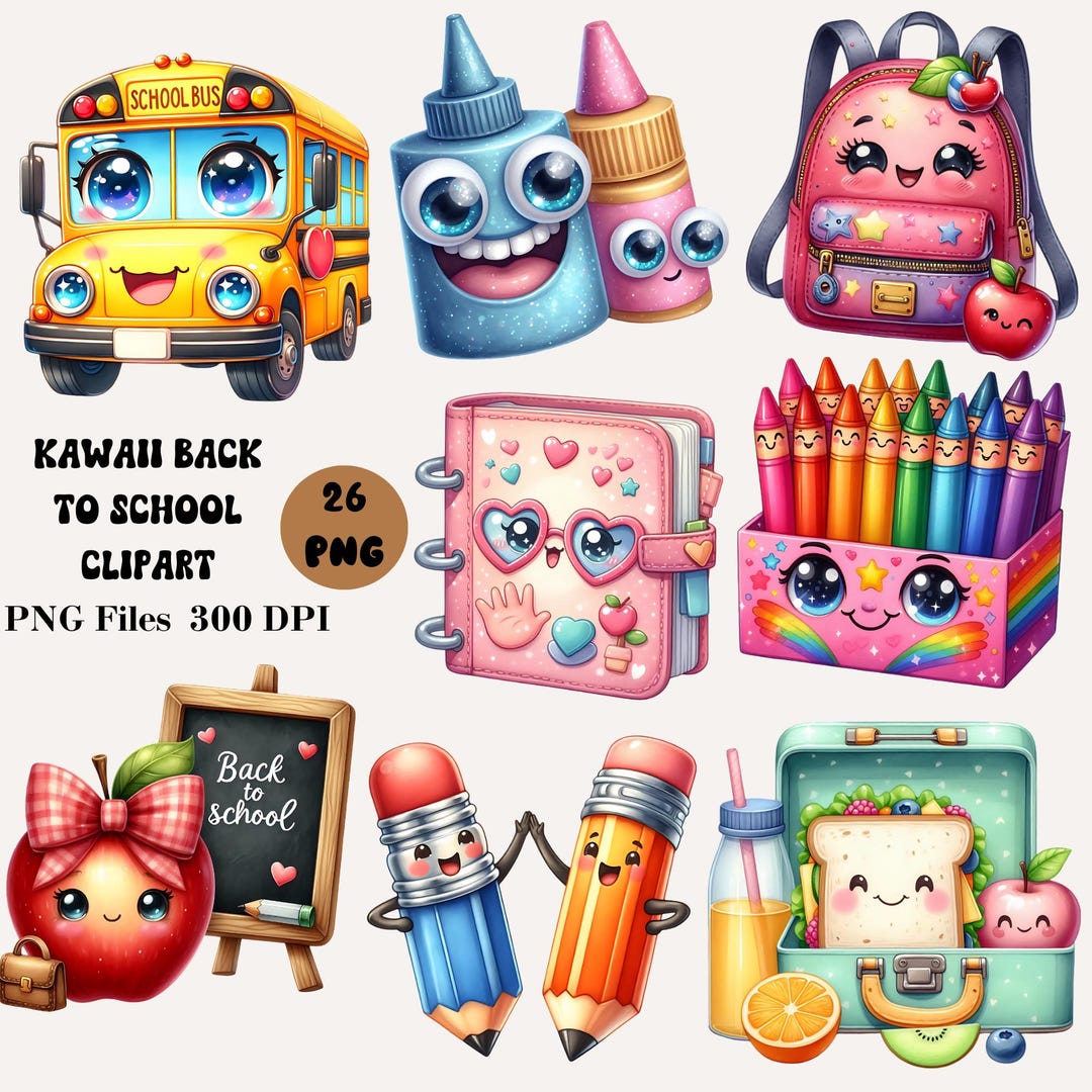 26 Kawaii Back to School Clipart, Kawaii School Clipart, Back to School ...