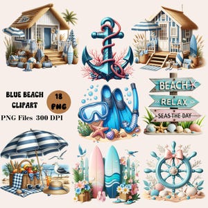 18 Blue Beach Clipart, Summer Beach Clipart, Summer Clipart Bundle ...