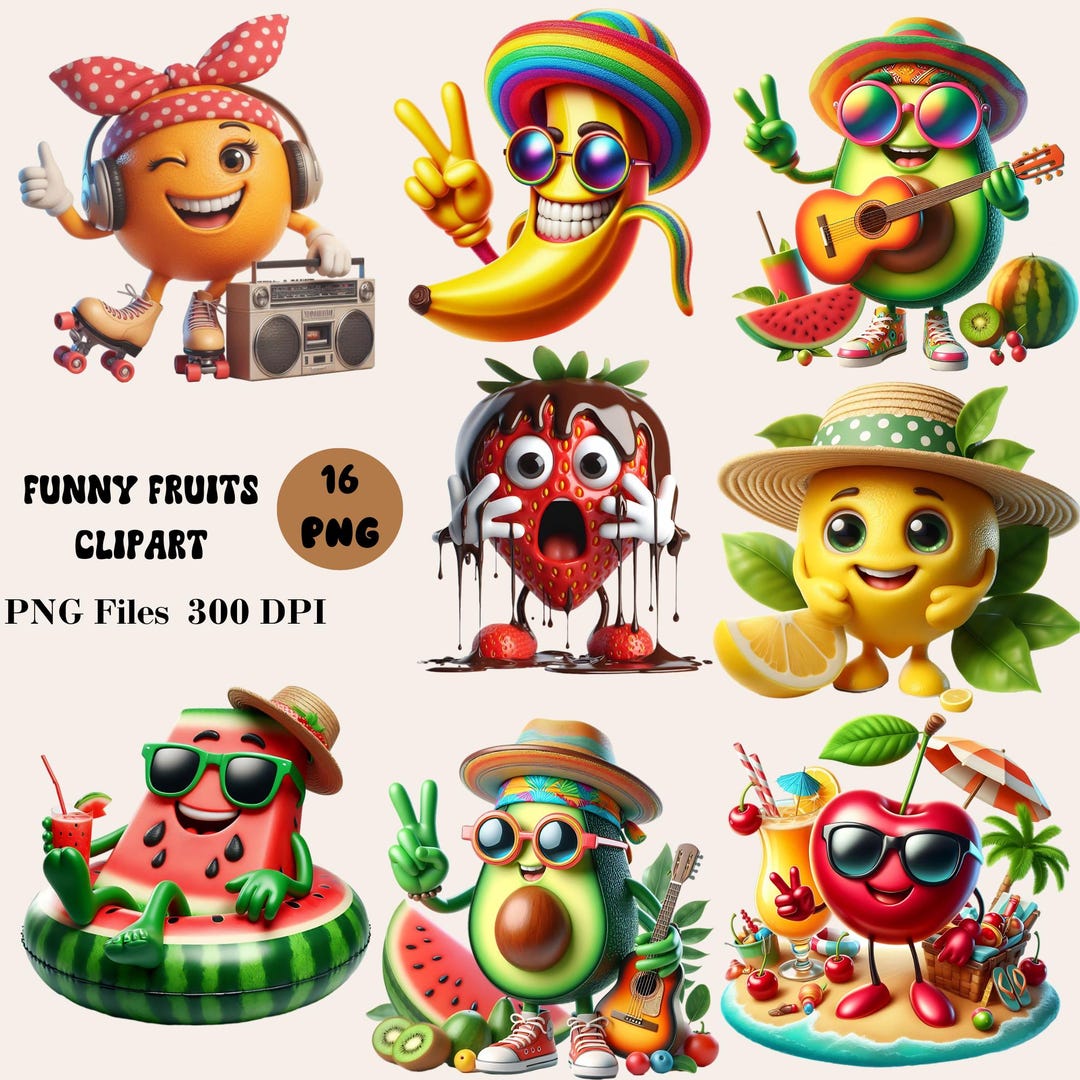 16 Funny Fruits Clipart, Summer Fruits Clipart, Summer Fruits Graphics ...
