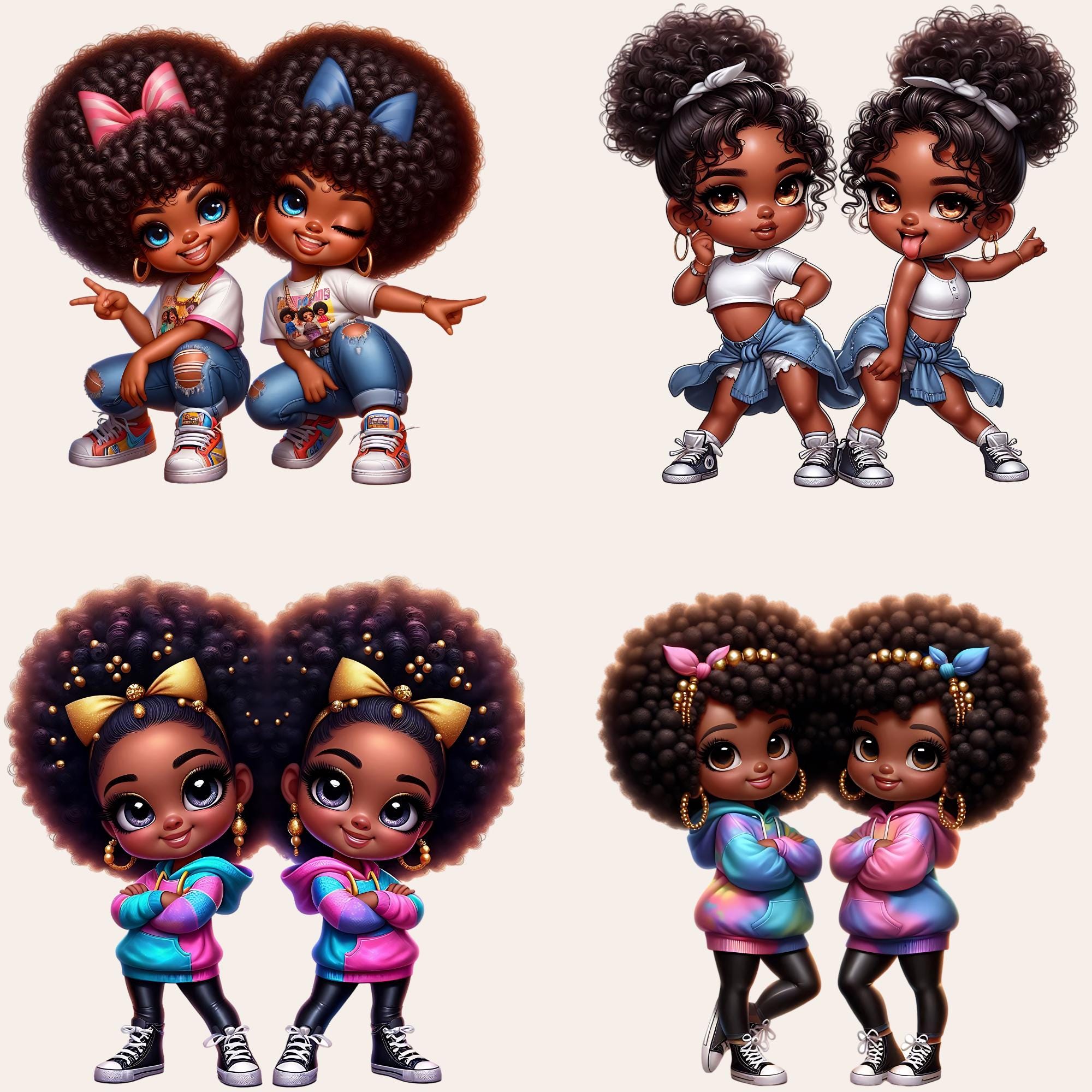 35 Twin Chibi Girl Clipart, Black Chibi Girl Clipart, Afro American ...