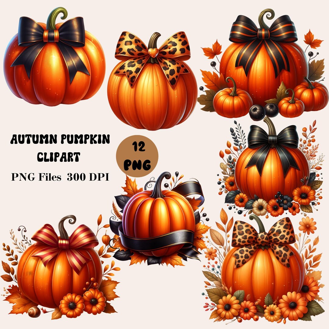 12 Autumn Pumpkin Clipart, Pumpkin Coquette Bow Clipart, Fall Pumpkin ...