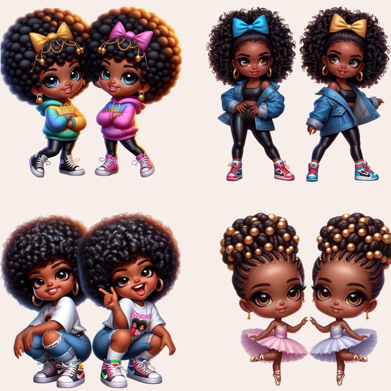 35 Twin Chibi Girl Clipart, Black Chibi Girl Clipart, Afro American ...