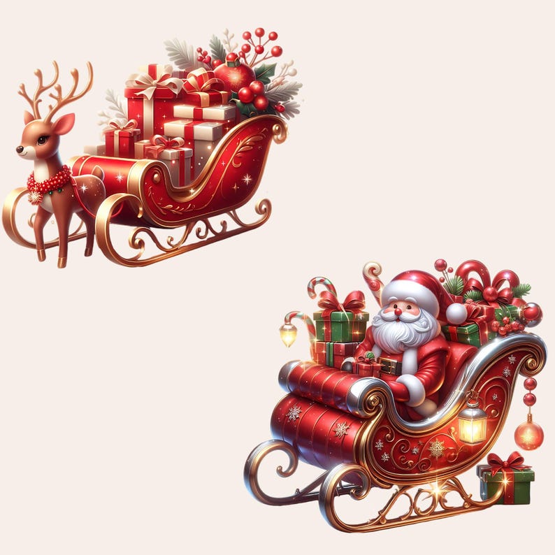 9 Christmas Sleigh Clipart, Sleigh Clipart Bundle, Red Santa Sleigh PNG ...