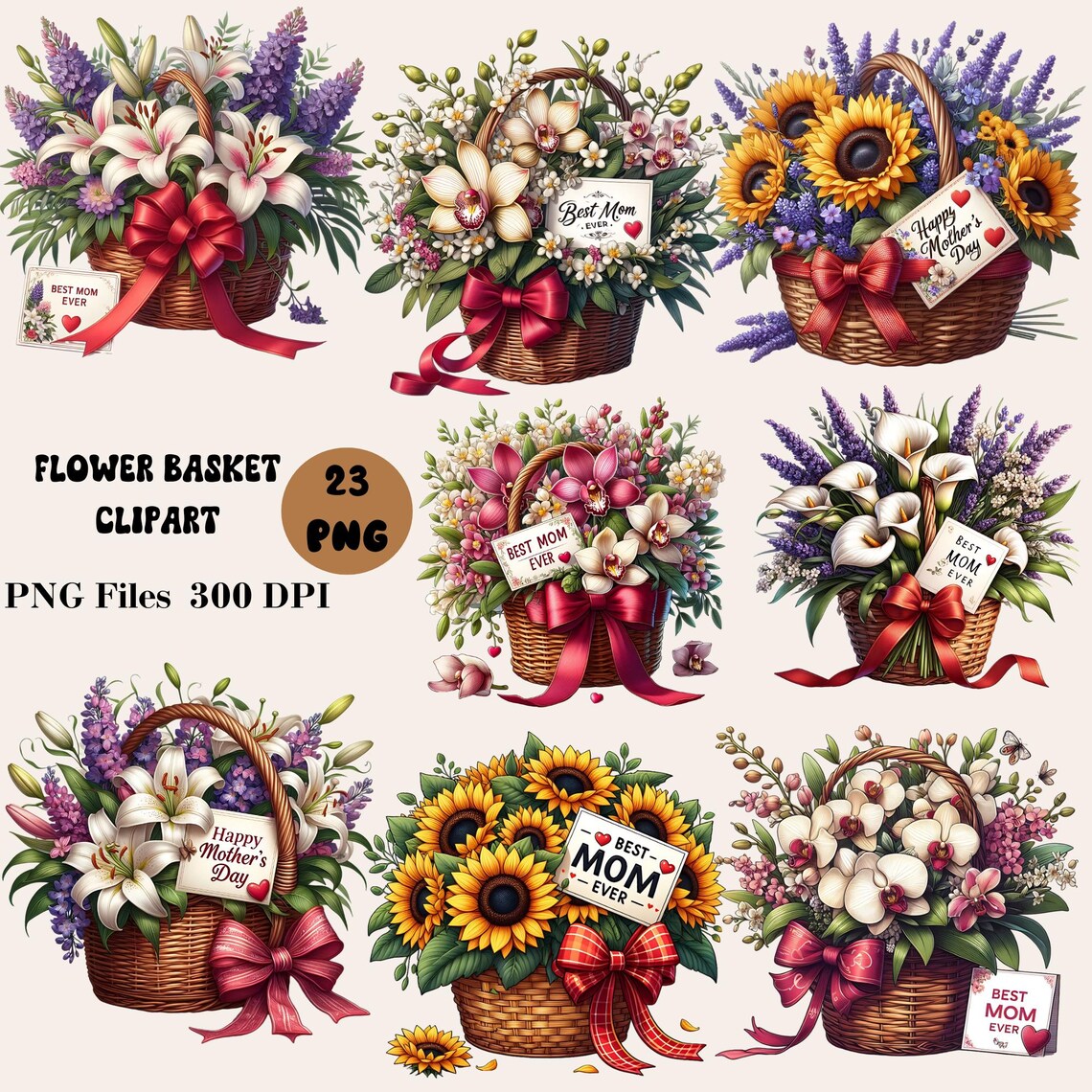 23 Mother's Day Flower Basket Clipart, Floral Basket Clipart, Best Mom ...