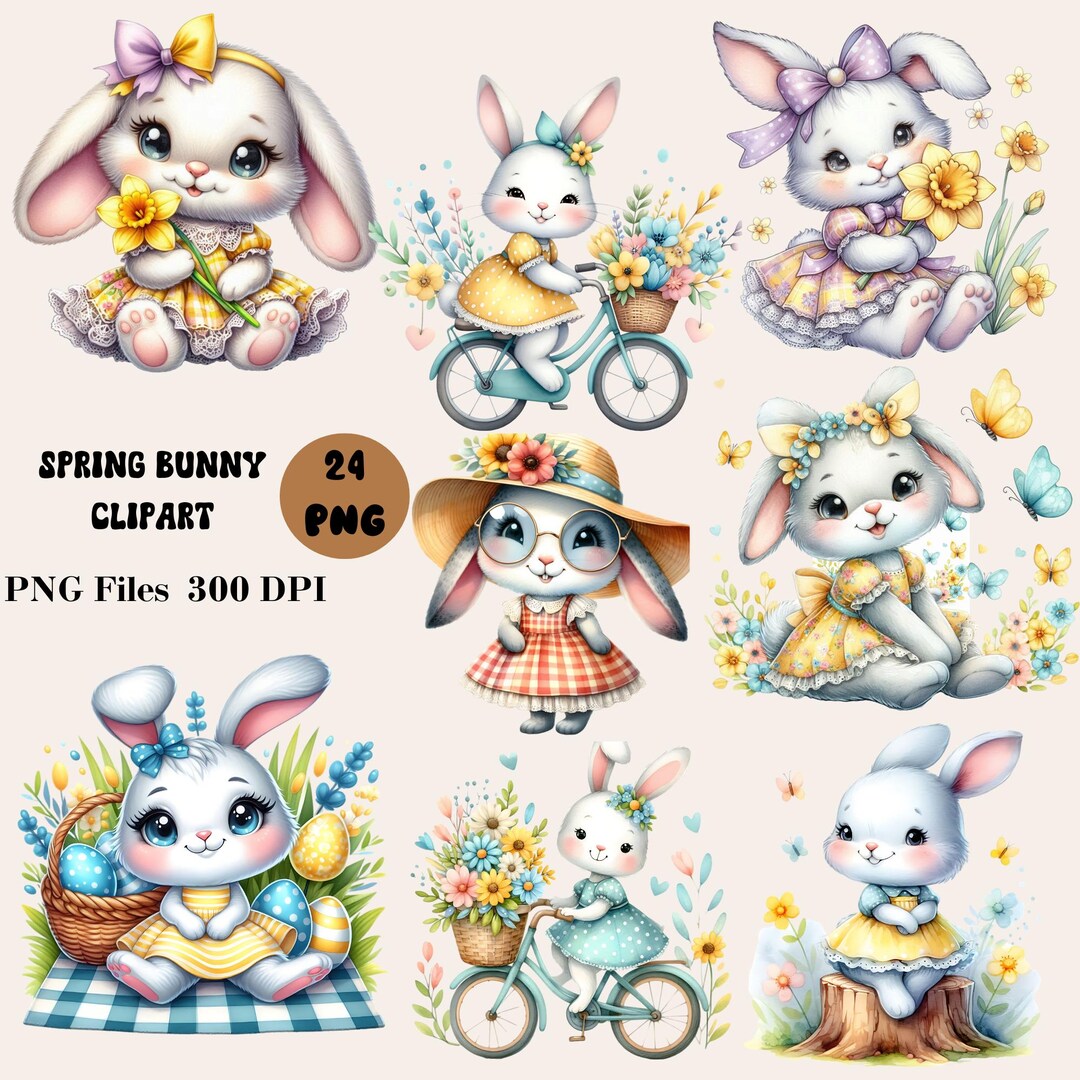 24 Spring Bunny Clipart Bundle, Cute Bunnies Clipart, Spring Rabbit ...