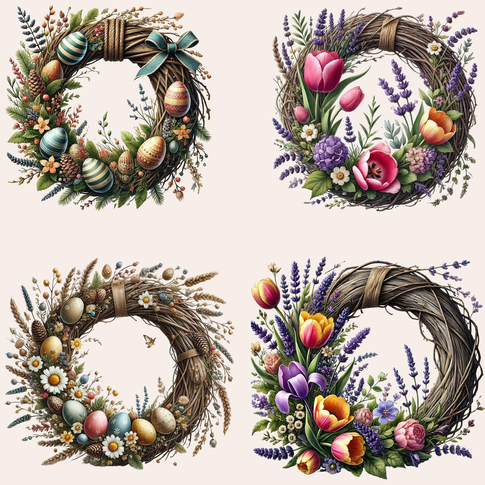 15 Rustic Easter Wreath Clipart, Spring Wreath Clipart, Easter Clipart ...