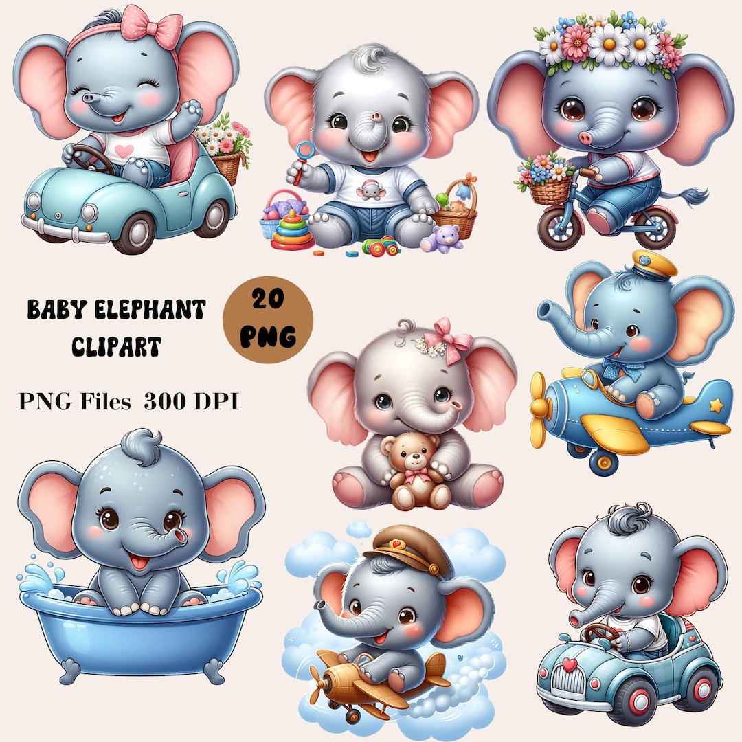 20 Cute Baby Elephant Clipart, Nursery Elephant Clipart, Baby Shower ...