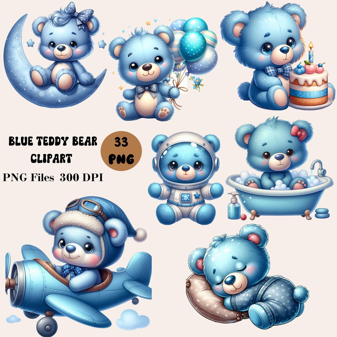 33 Blue Teddy Bear Clipart, Sleeping Teddy Clipart Bundle, Hot Air ...