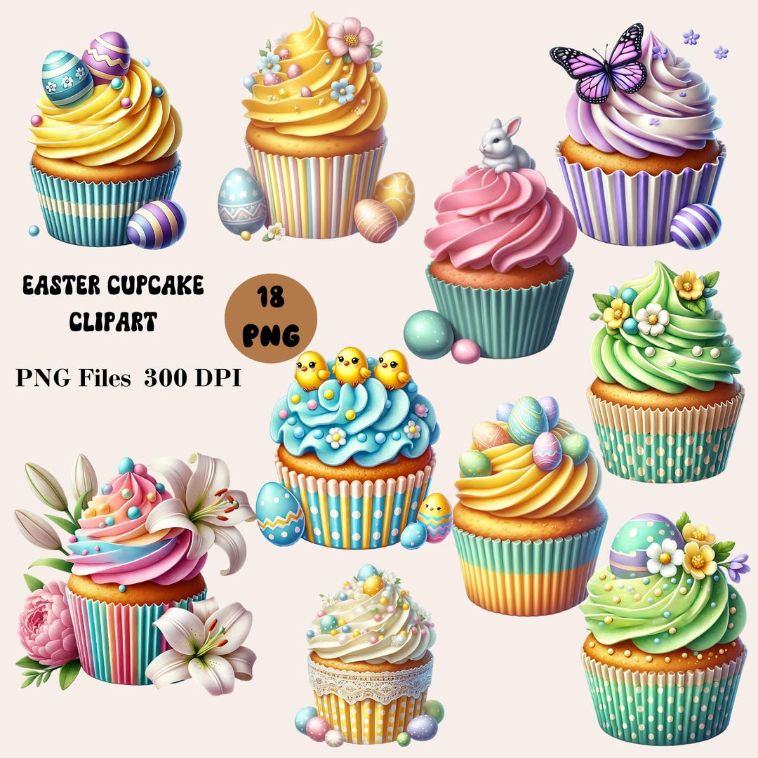 17 Easter and Spring Cupcake Clipart, Easter Cupcake PNG, Happy Easter ...