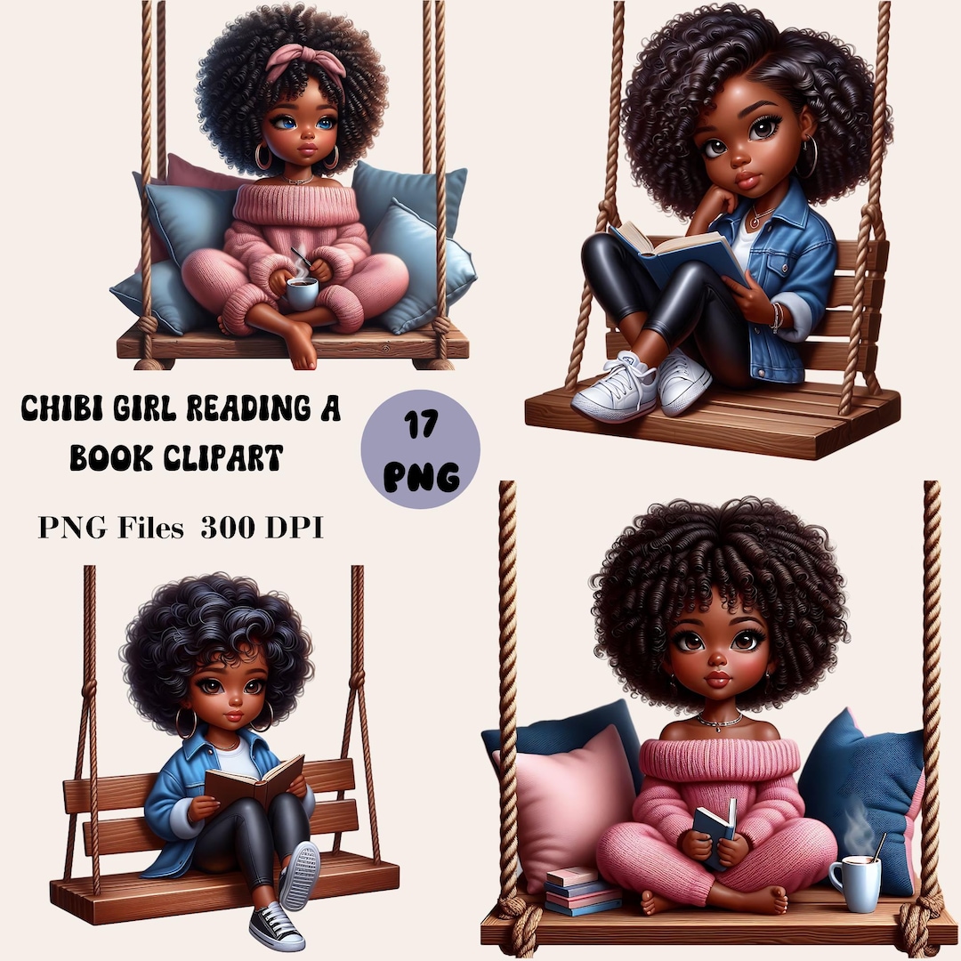 17 Chibi Girl Reading a Book Clipart, Black Girl Reading Clipart, Chibi ...