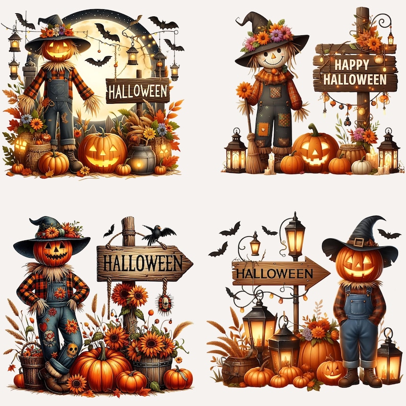 24 Halloween Scarecrow Clipart, Cute Scarecrows Clipart, Halloween PNG ...