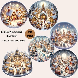 20 Round Christmas Landscape Clipart, Christmas Scene Clipart, Winter ...