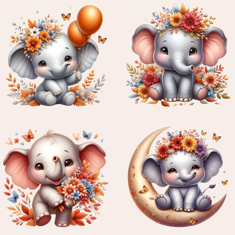 19 Elephant With Flowers Clipart, Baby Elephant PNG, Floral Elephant ...