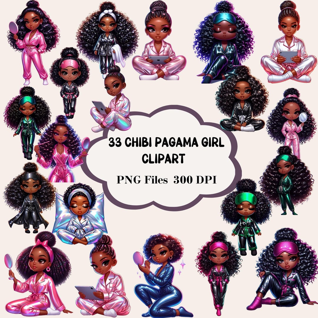 33 Chibi Girl Clipart Bundle, Chibi Pajama Girl PNG, Black Girl Clipart ...