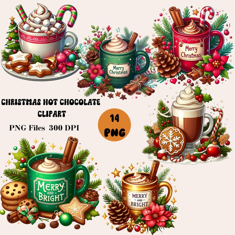 14 Christmas Hot Chocolate Clipart, Hot Chocolate PNG Bundle, Christmas ...