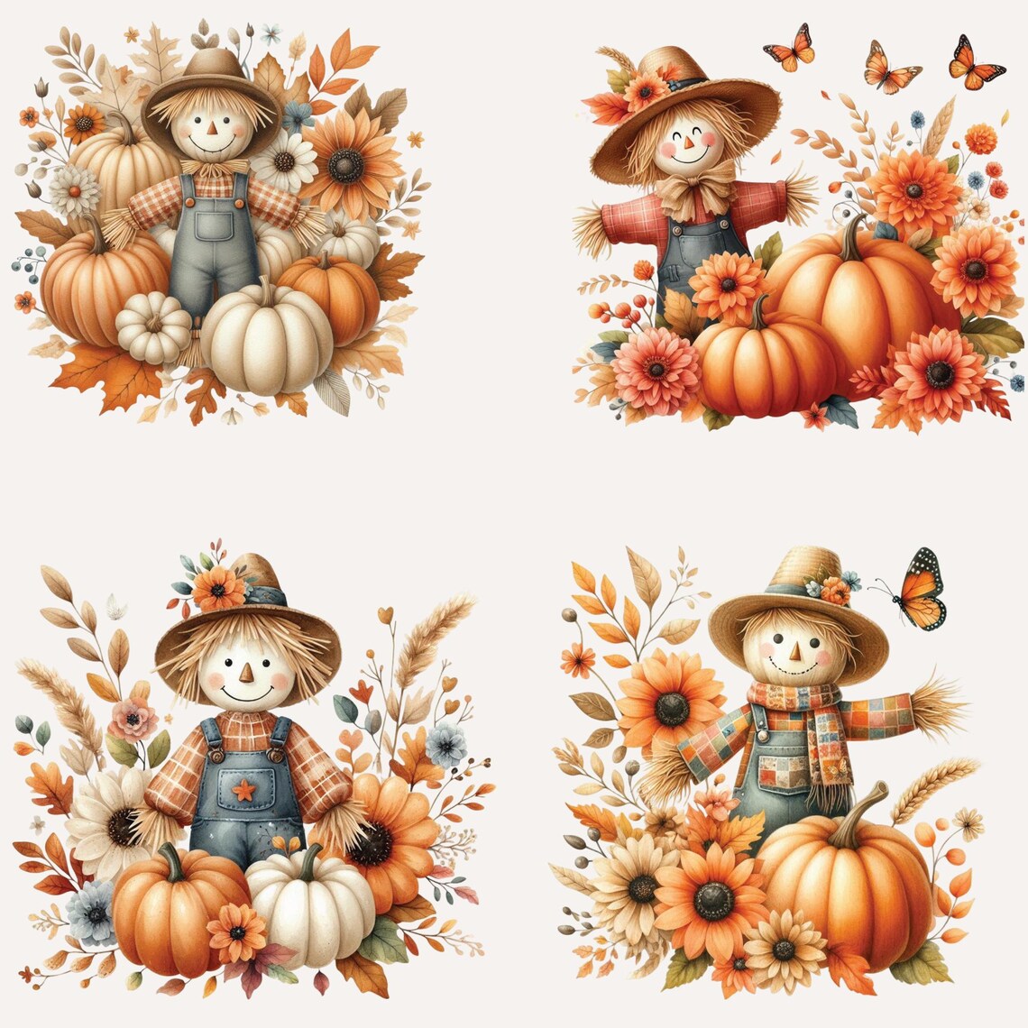 27 Autumn Scarecrow Clipart, Fall Scarecrow PNG Bundle, Charming ...