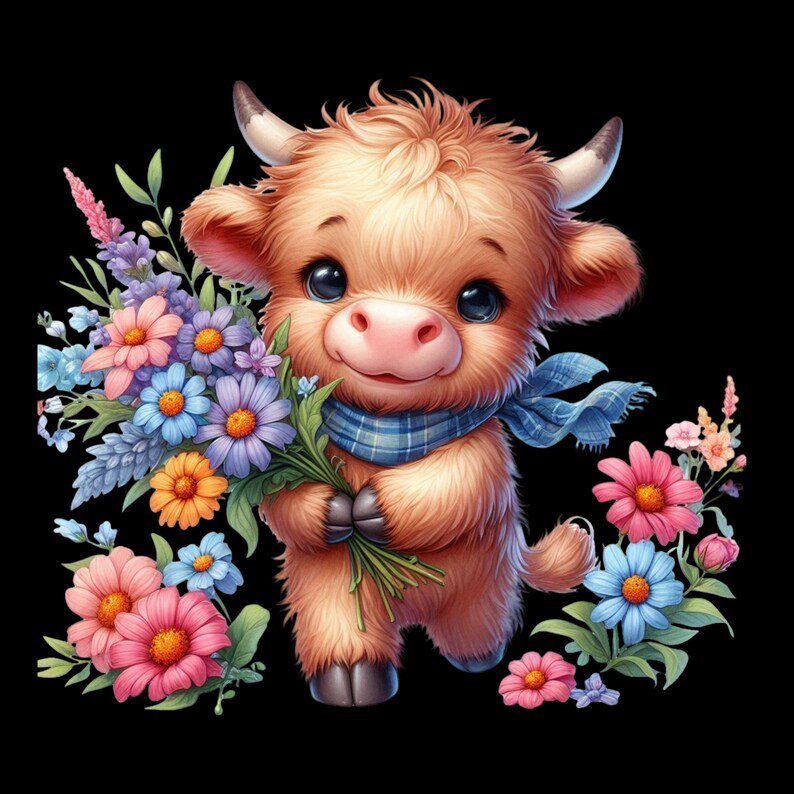 15 Highland Cow Clipart Bundle, Highland Cow With Flowers PNG, Spring ...