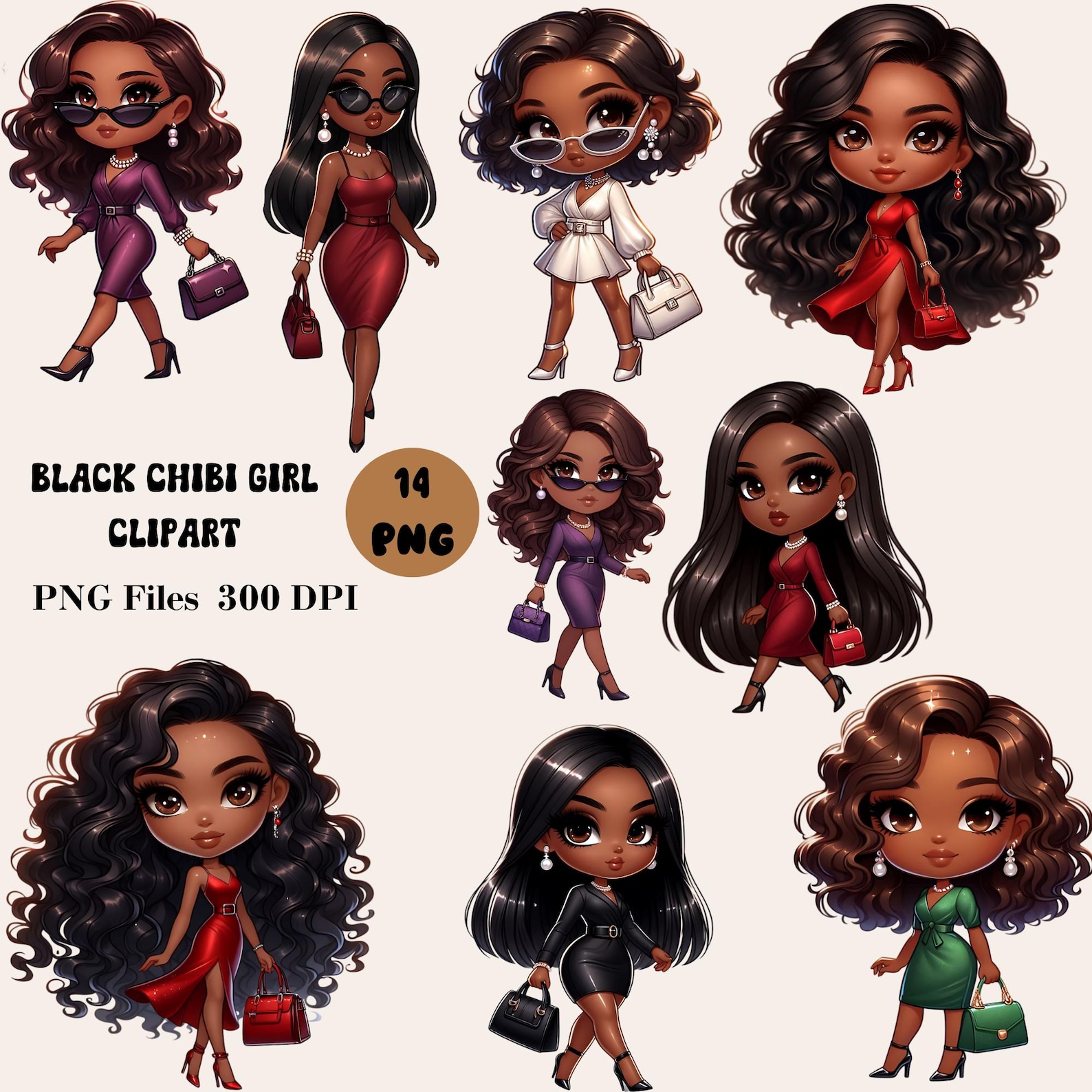 14 Black Chibi Girl Clipart, Stylish Chibi Girl Clipart, Chibi Girl ...