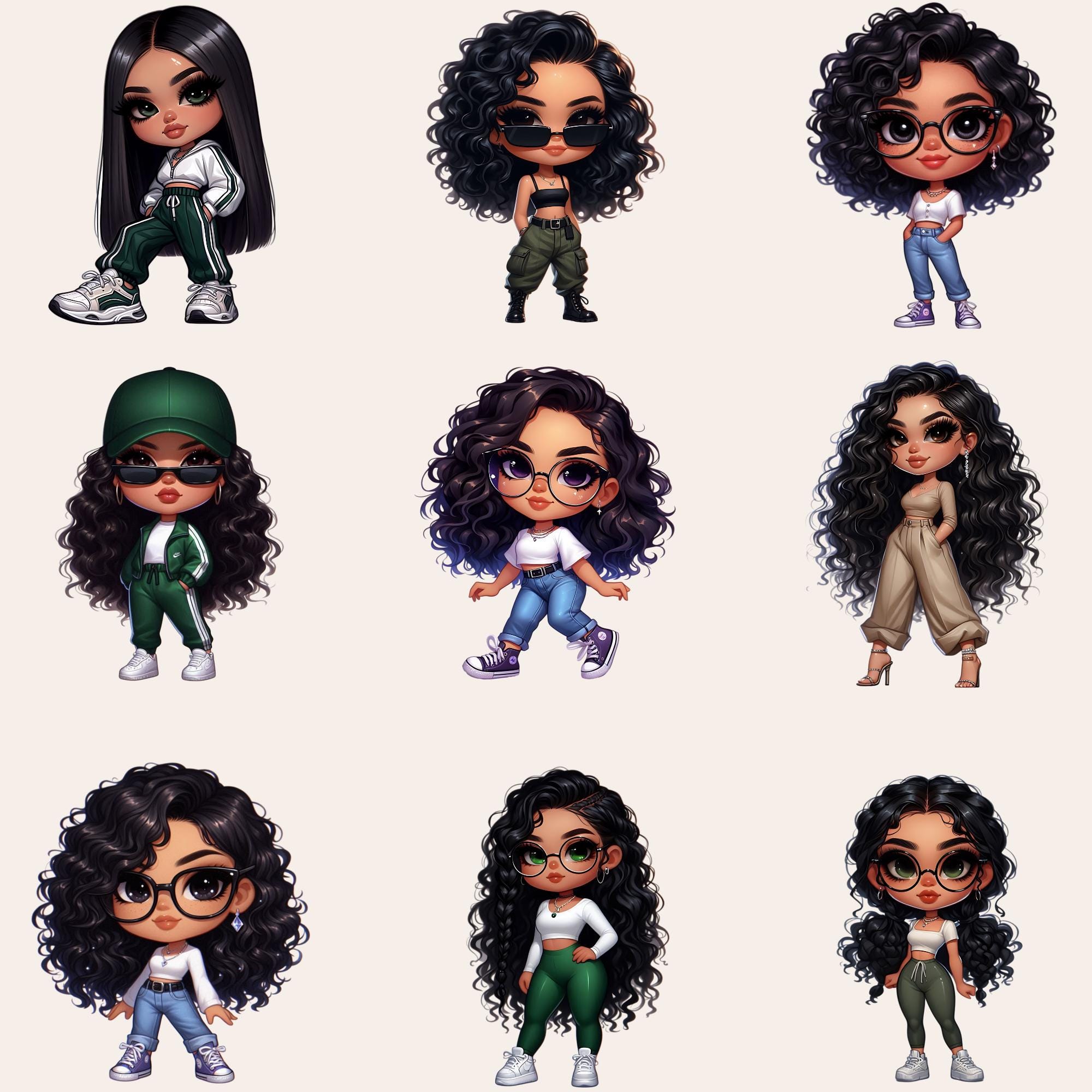 85 Chibi Girl Clipart Bundle, Afro American Chibi Girl PNG, Chibi Doll ...