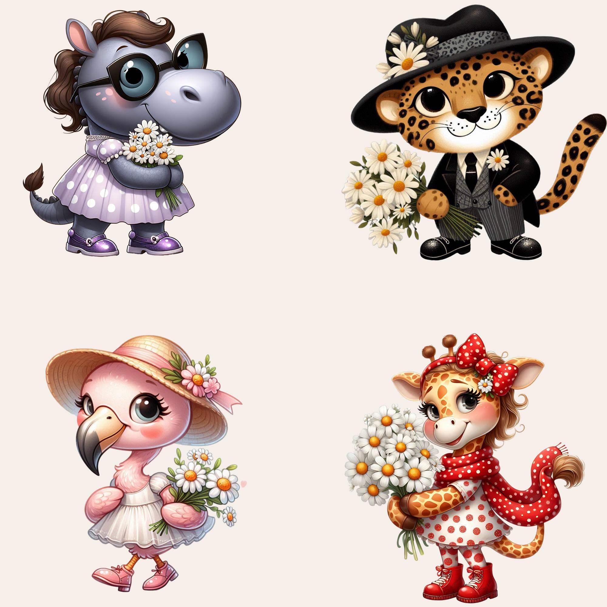 27 Daisy Animals Clipart, Animals Holding a Daisy Clipart, Cute Animals ...