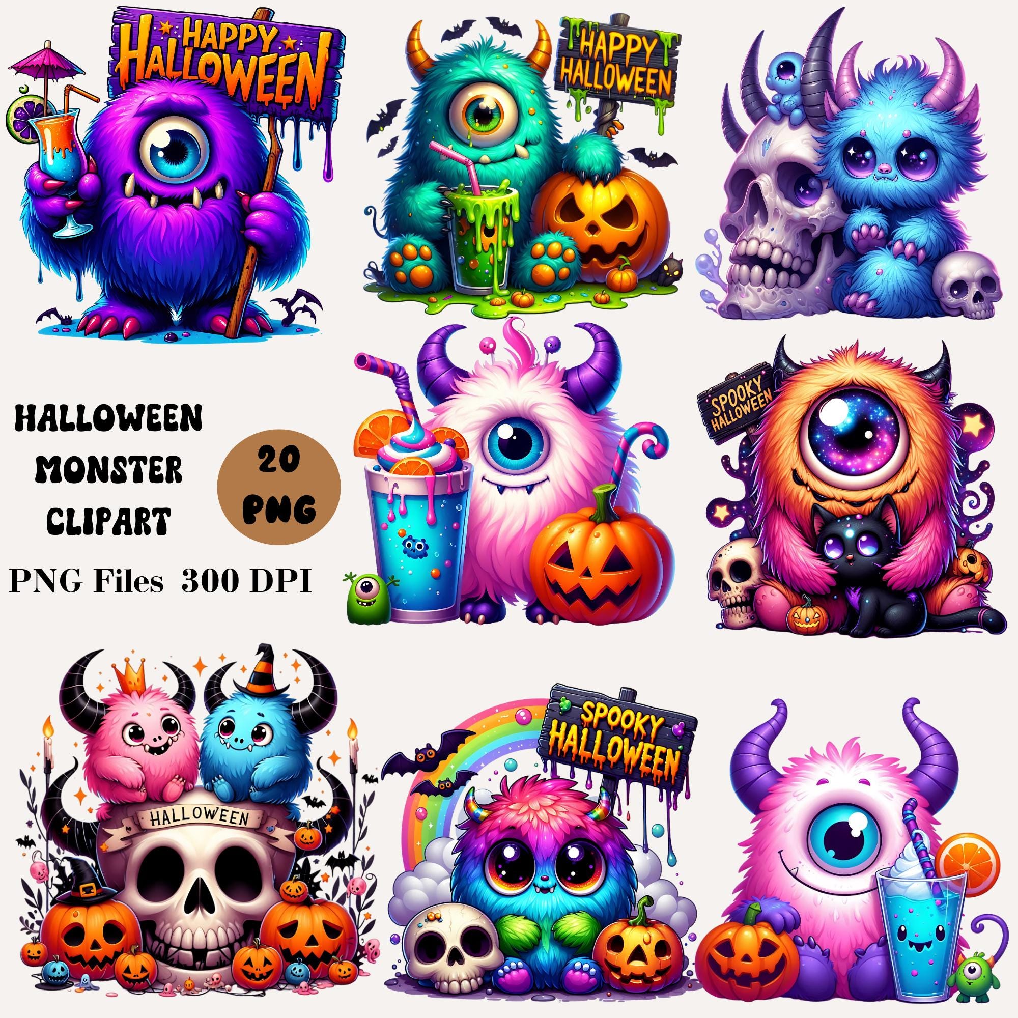 16 Halloween Monsters Clipart, Cute Halloween Clipart Bundle, Cute ...