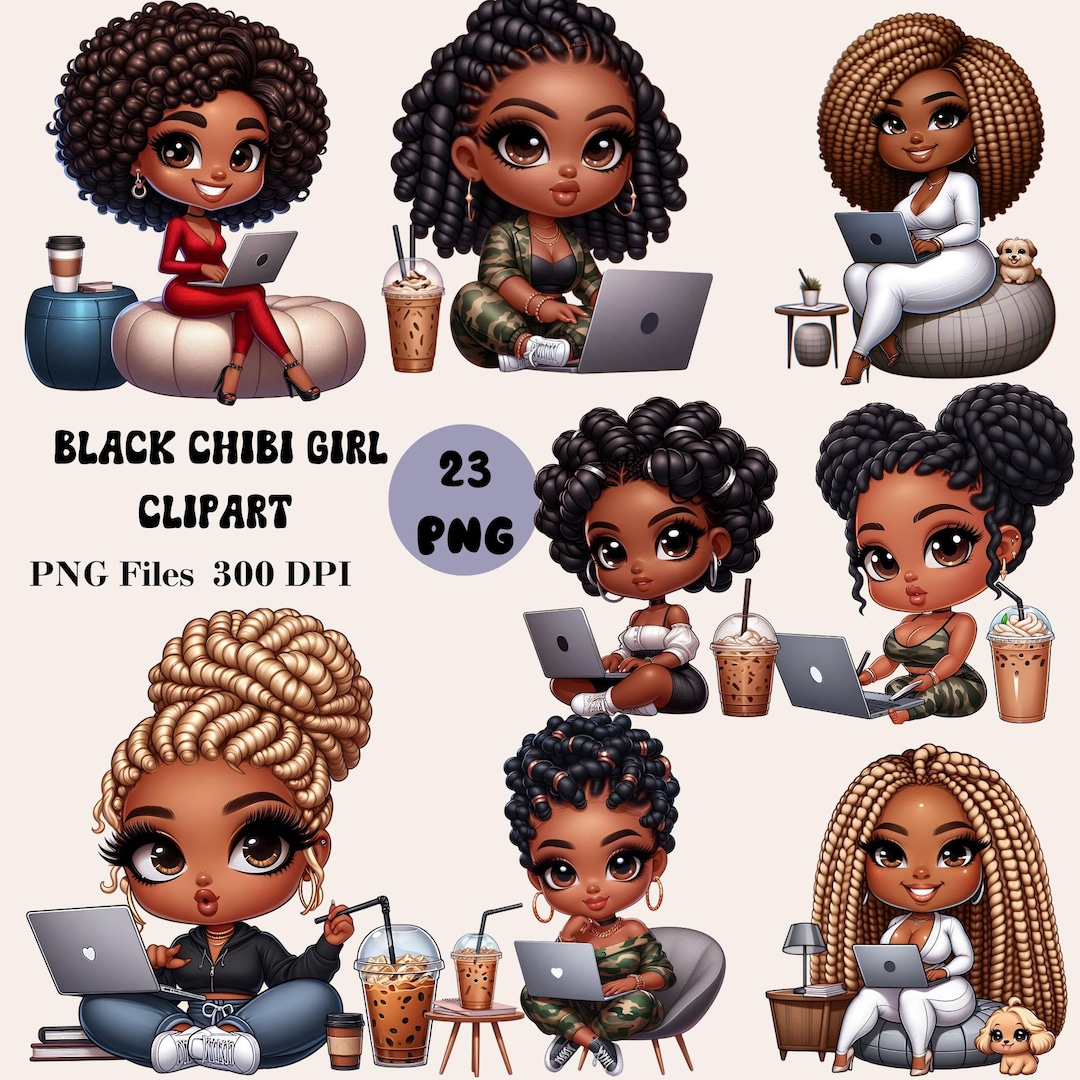 23 Black Chibi Girl Clipart, Working Chibi Girl Clipart, Black Girl ...