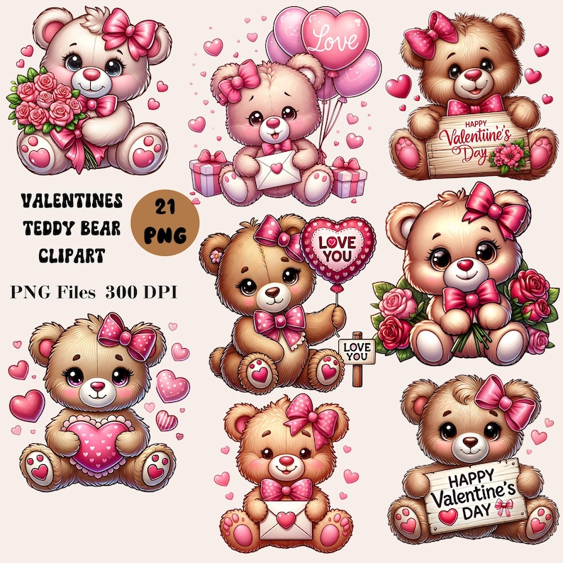 21 Valentine's Teddy Bear Clipart, Pink Valentines Tedy Bear PNG, Love ...