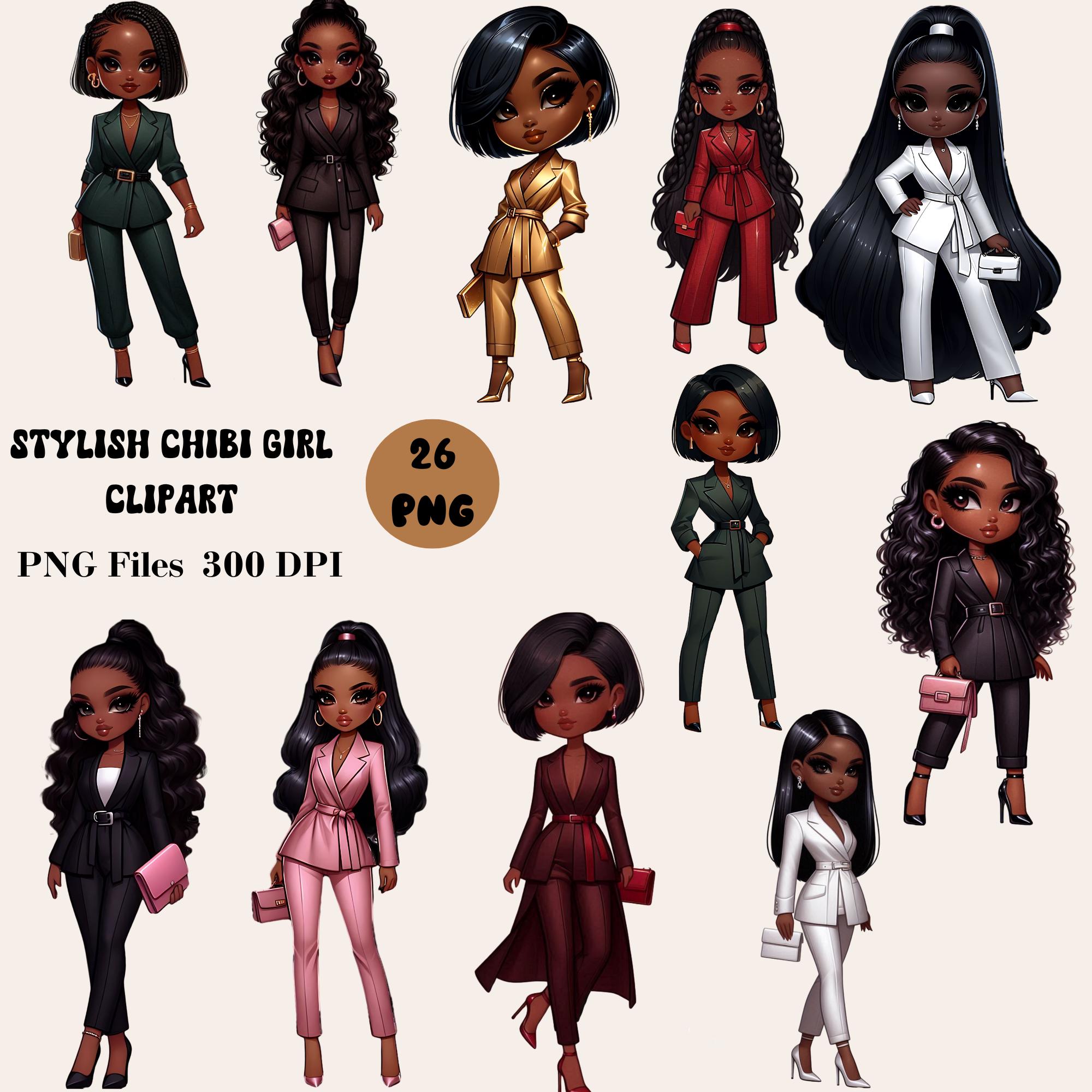 26 Stylish Chibi Girl Clipart, Black Chibi Girl Clipart, Chibi Girl PNG ...