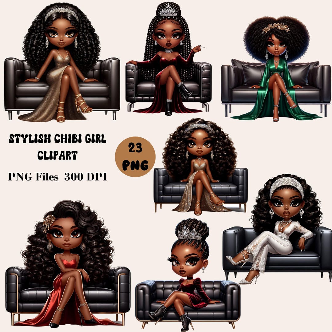 23 Stylish Chibi Girl Clipart, Afro American Chibi Girl Clipart, Chibi ...
