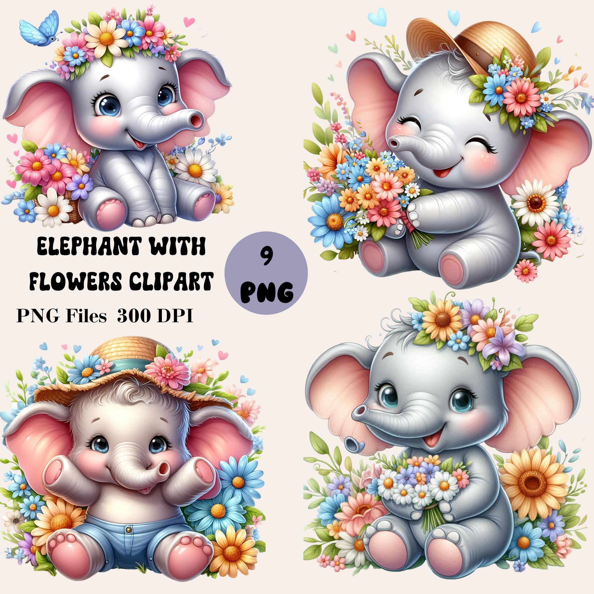 9 Elephant With Flowers Clipart, Baby Elephant PNG, Elephant Baby ...