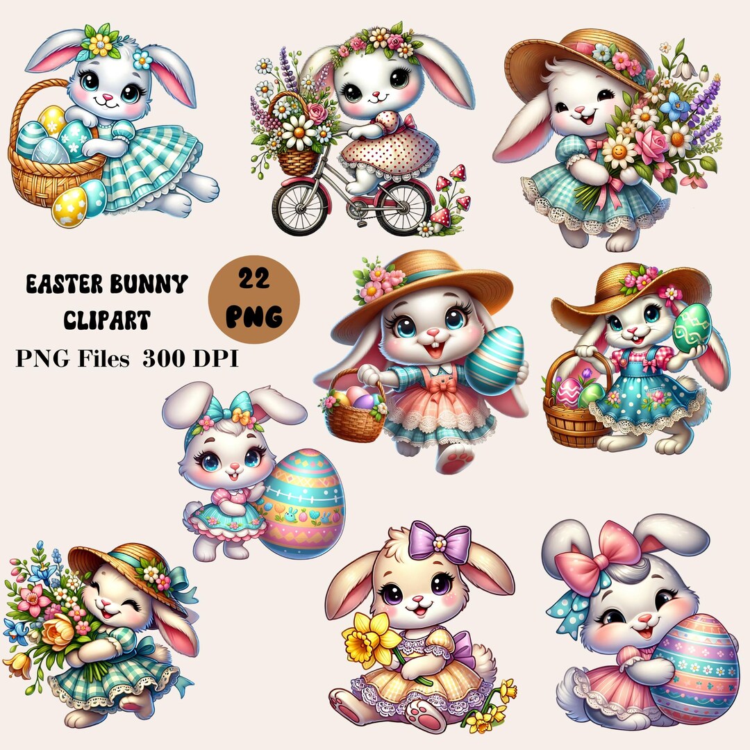 22 Easter Bunny Clipart, Spring Bunny Clipart, Cute Easter Bunny Bundle ...