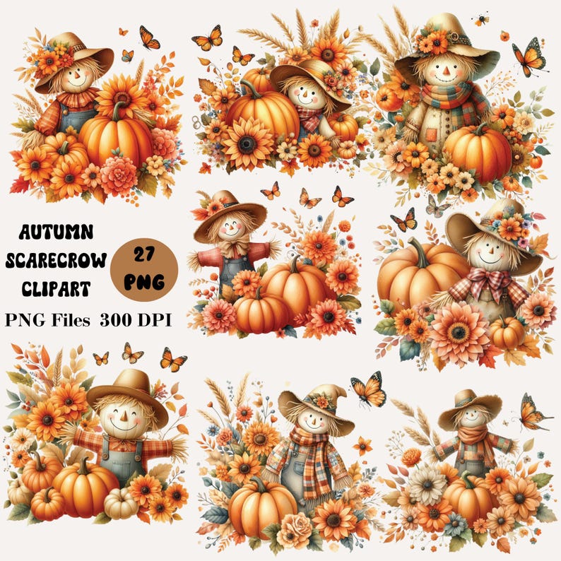 27 Autumn Scarecrow Clipart, Fall Scarecrow PNG Bundle, Charming ...