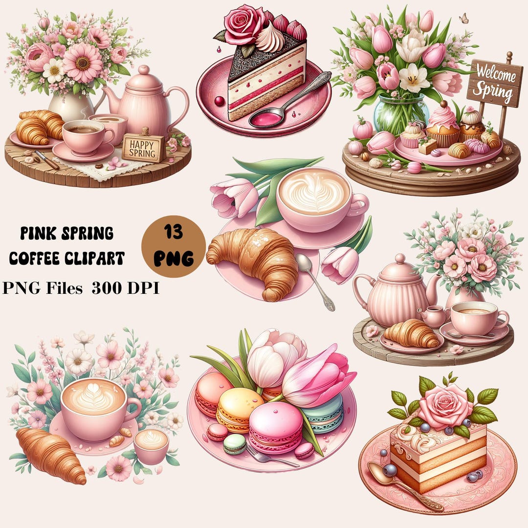 13 Pink Spring Coffee Clipart, Sweet Spring Clipart, Pink Spring ...