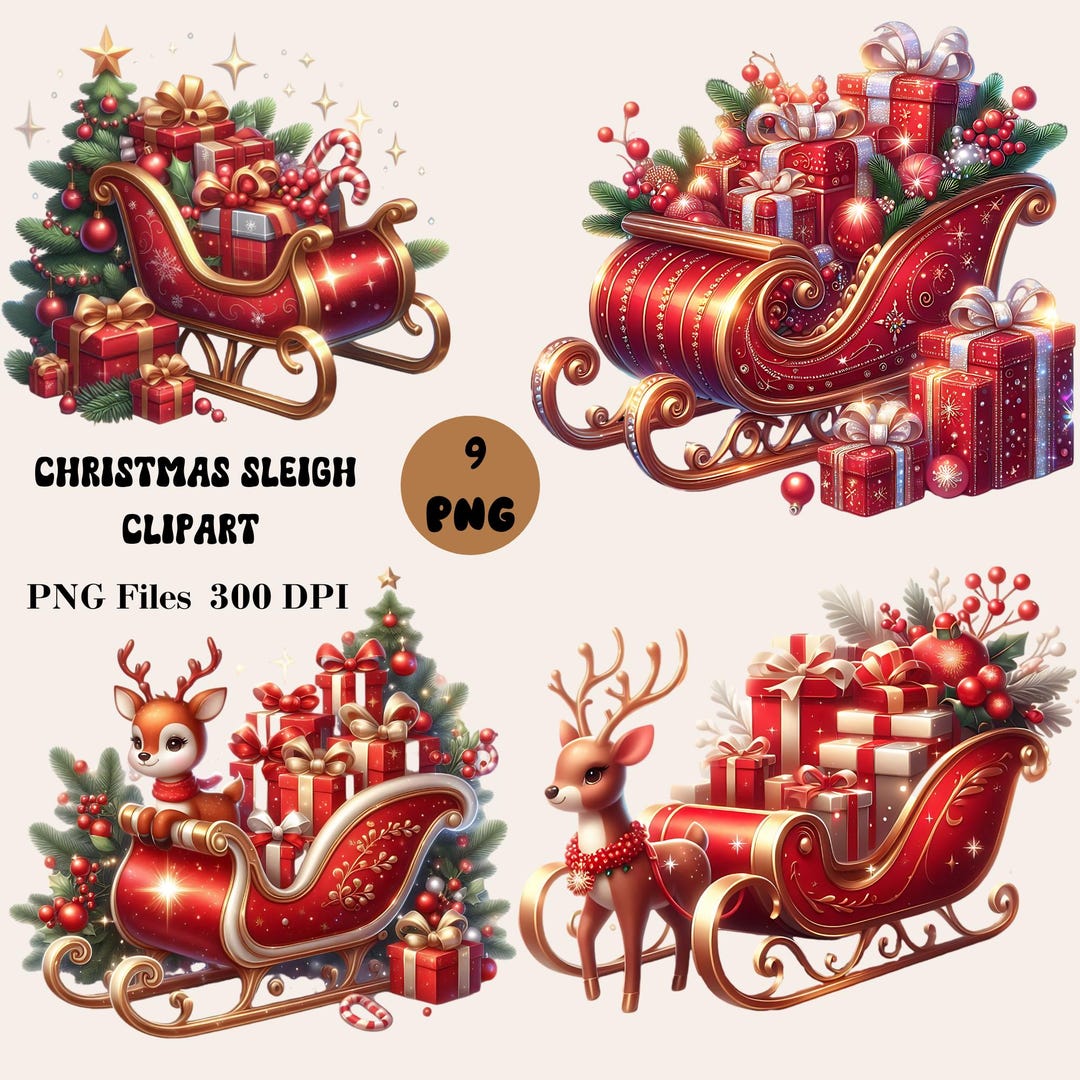 9 Christmas Sleigh Clipart, Sleigh Clipart Bundle, Red Santa Sleigh PNG ...