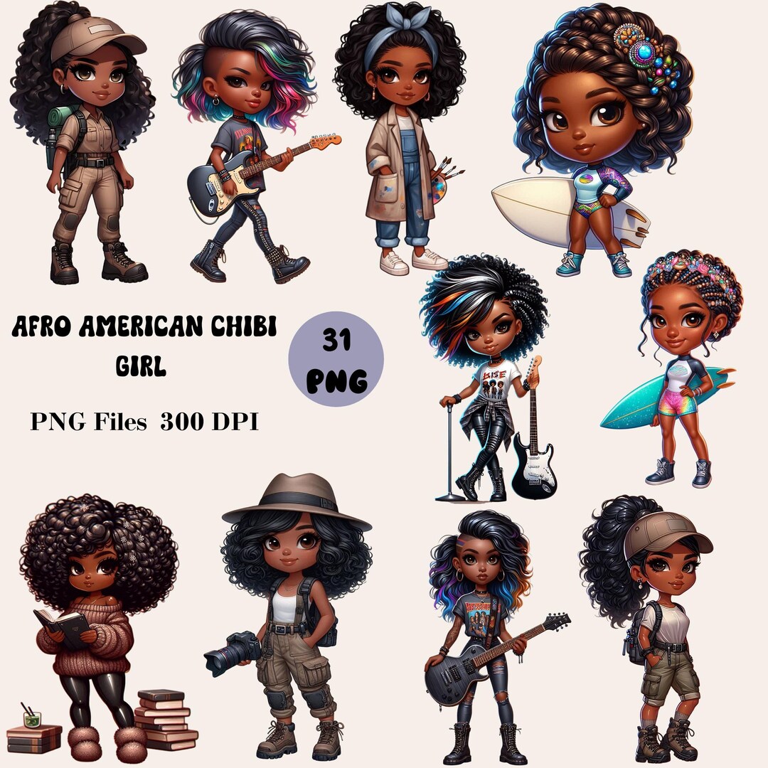 31 Afro American Chibi Girl Clipart, Chibi Doll Clipart, Black Chibi ...