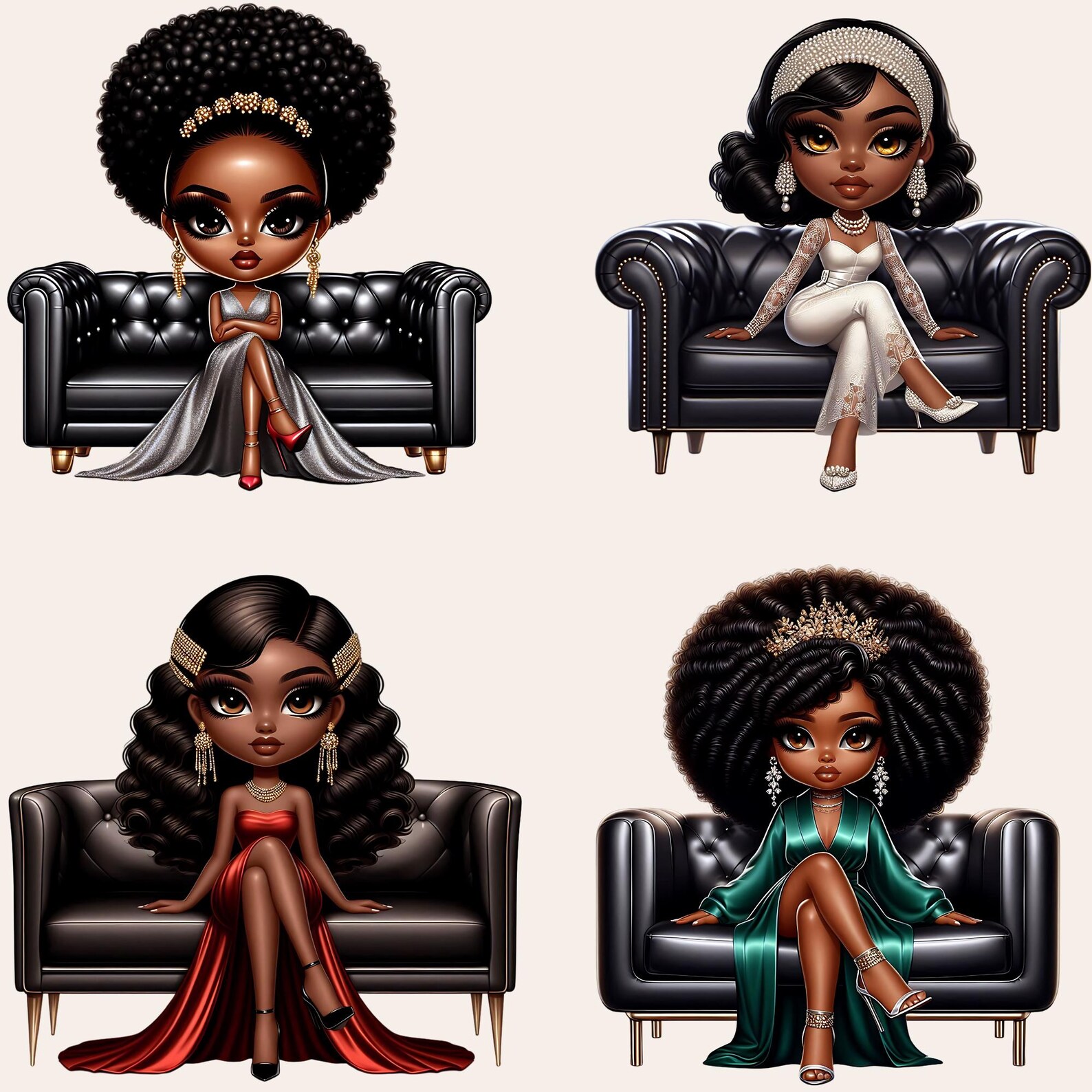 23 Stylish Chibi Girl Clipart, Afro American Chibi Girl Clipart, Chibi ...