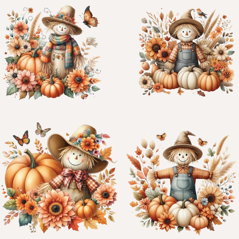 27 Autumn Scarecrow Clipart, Fall Scarecrow PNG Bundle, Charming ...