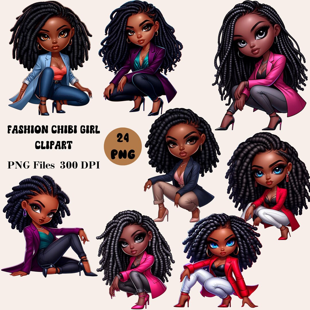 24 Fashion Chibi Girl Clipart, Black Chibi Girl Clipart, Stylish Chibi ...