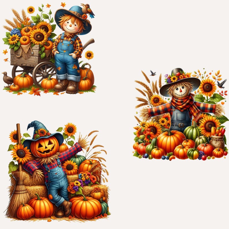 20 Autumn Scarecrow Clipart, Fall Scarecrow PNG Bundle, Charming ...