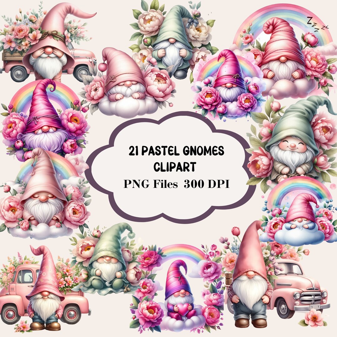 21 Pastel Gnomes Clipart Bundle, Floral Gnome Clipart, Cute Gnome PNG ...