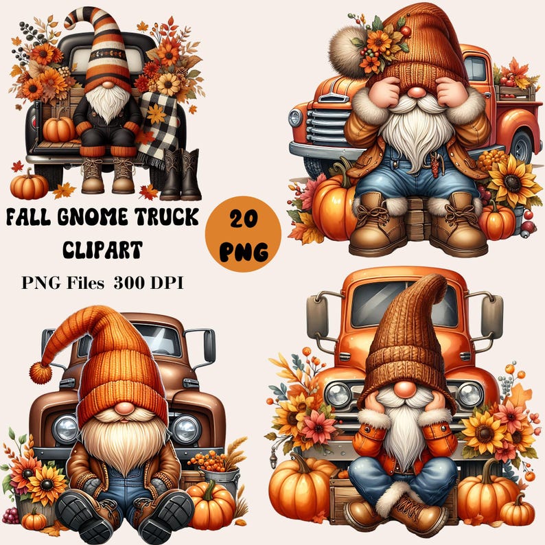 20 Fall Gnome Truck Clipart, Fall Gnome PNG, Autumn Gnome Sublimation ...