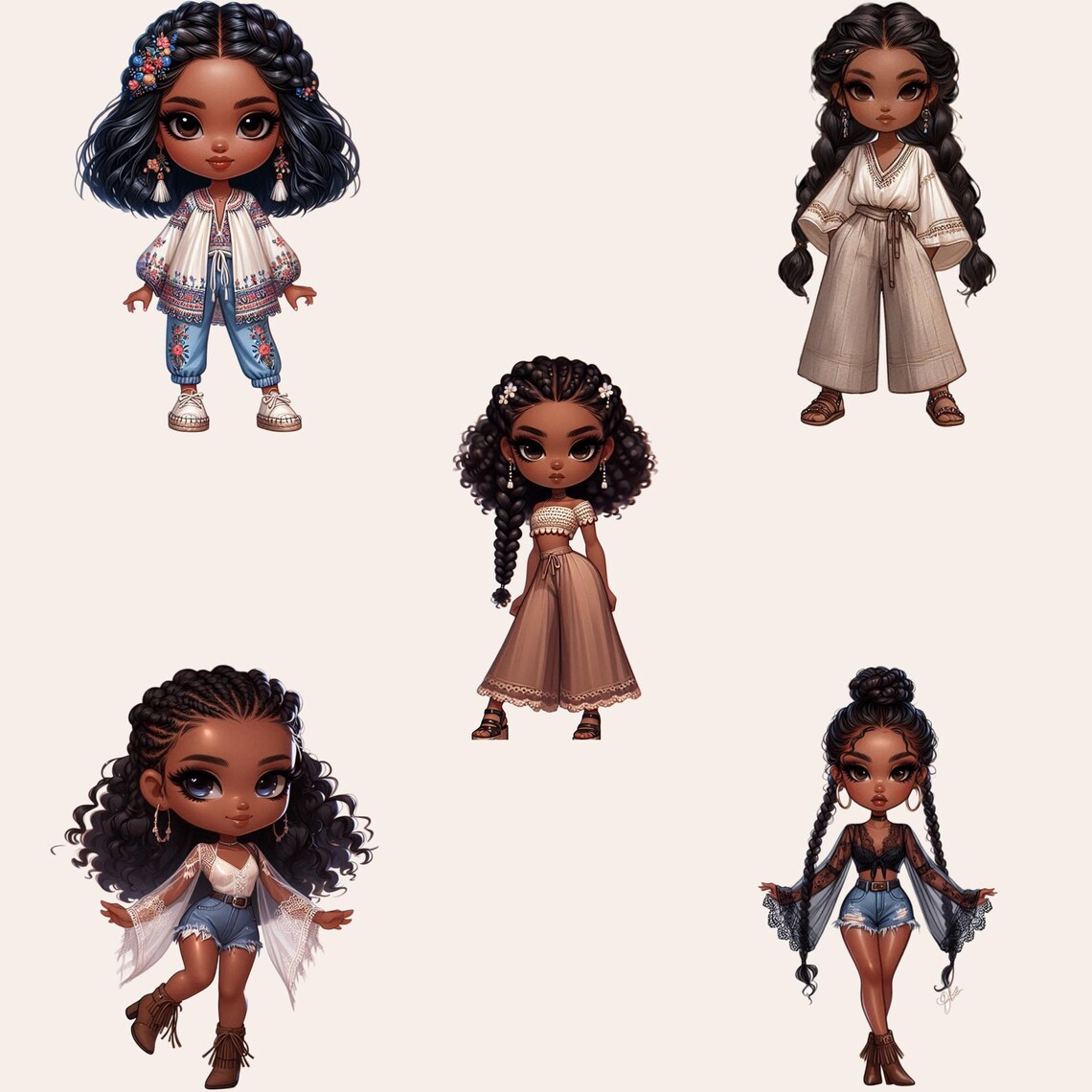 34 Boho Chibi Girl Clipart, Black Chibi Girl PNG, Afro Chibi Girl ...